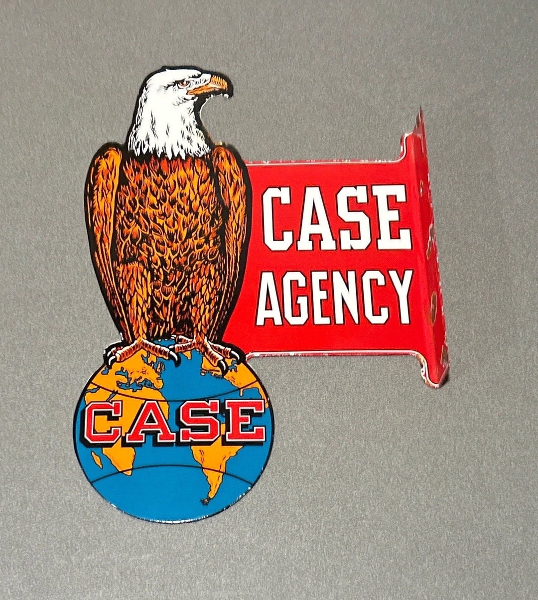 VINTAGE 18” RARE CASE Eagle Double Sided Flanged Porcelain Sign Gas Oil ...