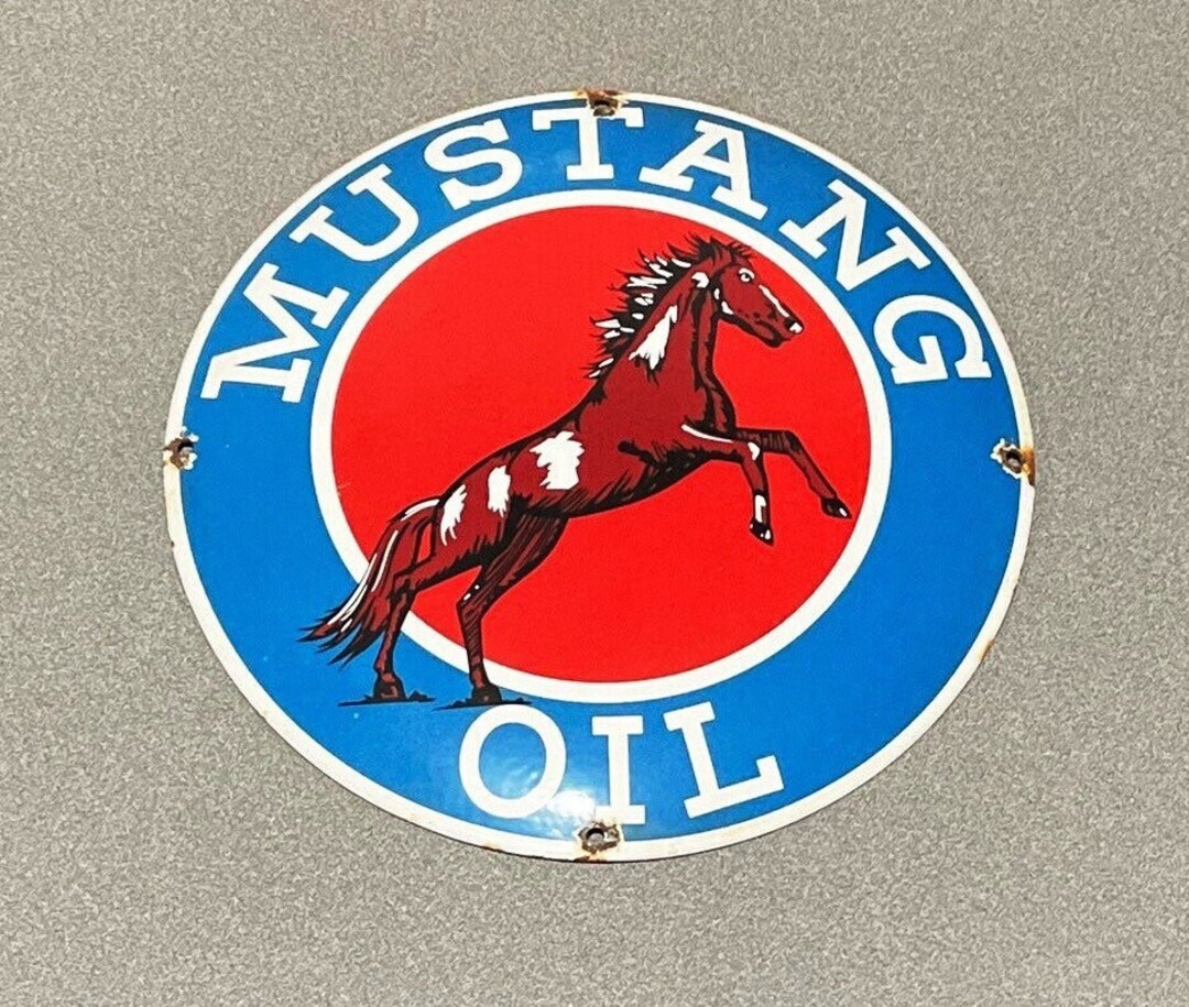 VINTAGE Rare 12” DOMED MUSTANG Horse Sign Vintage Porcelain Gas Badge ...
