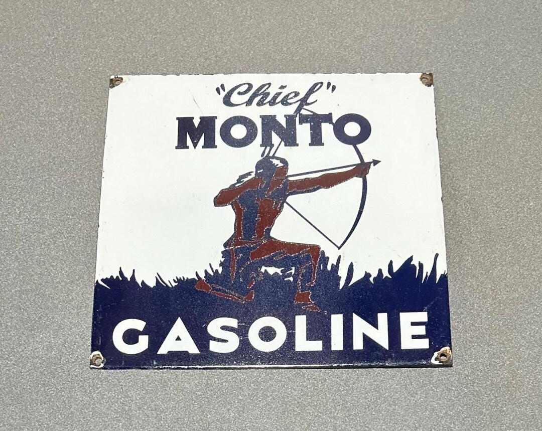 VINTAGE Very Rare 12” MONTO INDIAN Chief Gasoline Porcelain Sign Car ...