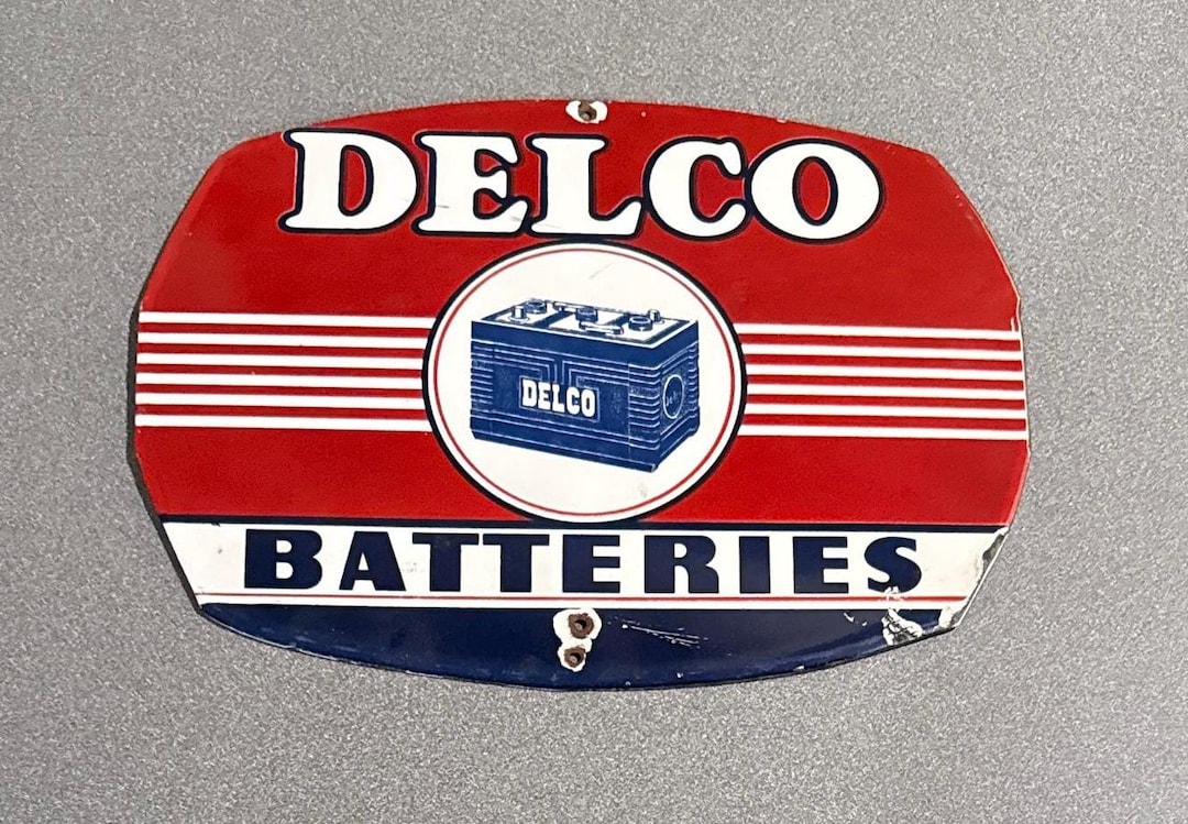 VINTAGE 12” DELCO BATTERIES Porcelain Sign Car Oil Gas Truck Motorcycle ...