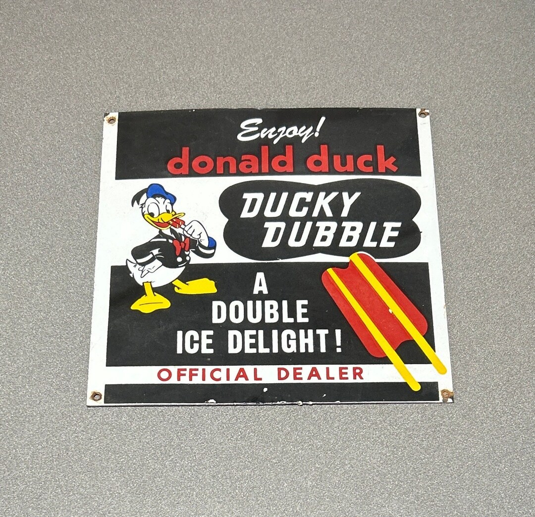 VINTAGE 12” DUCKY DOUBLE Disney Donald Duck Ice Cream Porcelain Sign ...