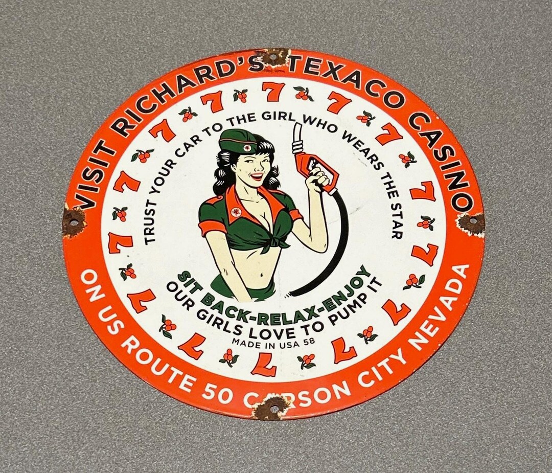 VINTAGE 12” Vrare 1953 RICHARDS TEXACO Carson City Gasoline Porcelain ...