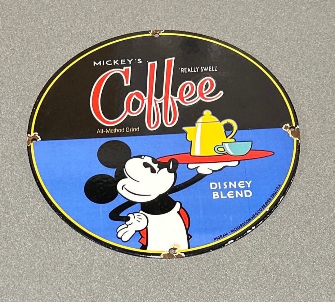 VINTAGE COFFEE MICKEY Disney 12” Motor Gas Porcelain Sign - Etsy