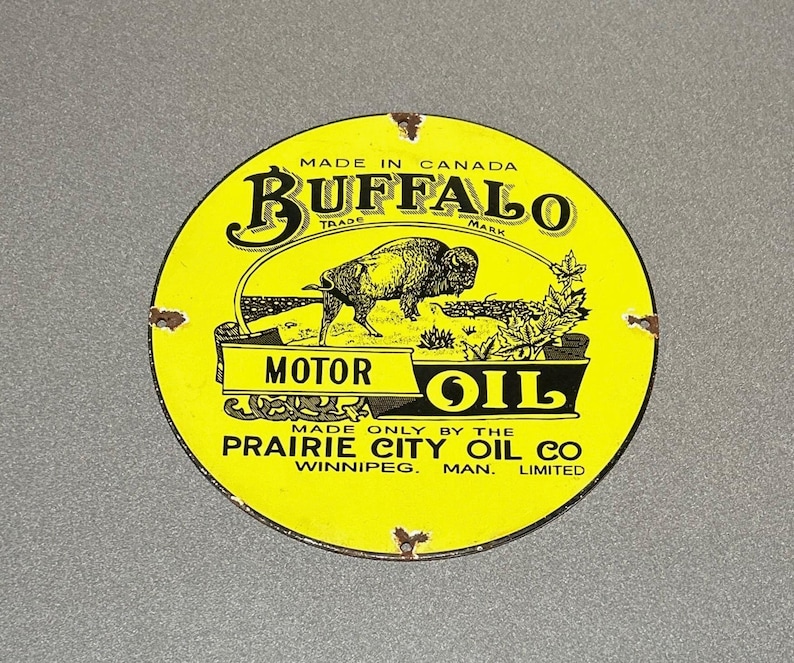VINTAGE 12” BUFFALO GASOLINE Porcelain Sign Car Gas Motorcycle Truck ...