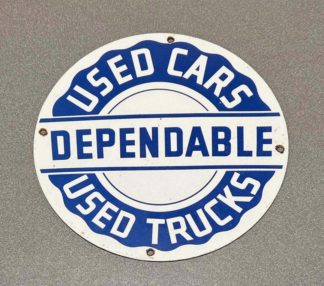 VINTAGE 12” DEPENDABLE USED Cars Porcelain Sign Gas Oil Car Motorcycle ...