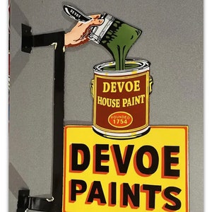 VINTAGE RARE 32” DEVOE Paint Double Sided Flanged Porcelain Sign Gas ...