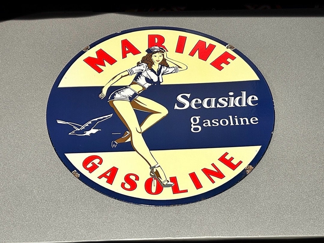 VINTAGE Vrare 24” SEASIDE MARINE Double Sided Dealership Porcelain Sign ...