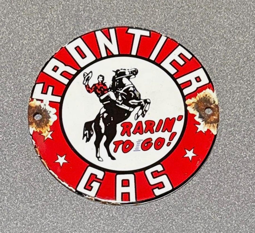 VINTAGE FRONTIER GASOLINE Porcelain Sign Car Oil Truck Motorcycle Gas ...