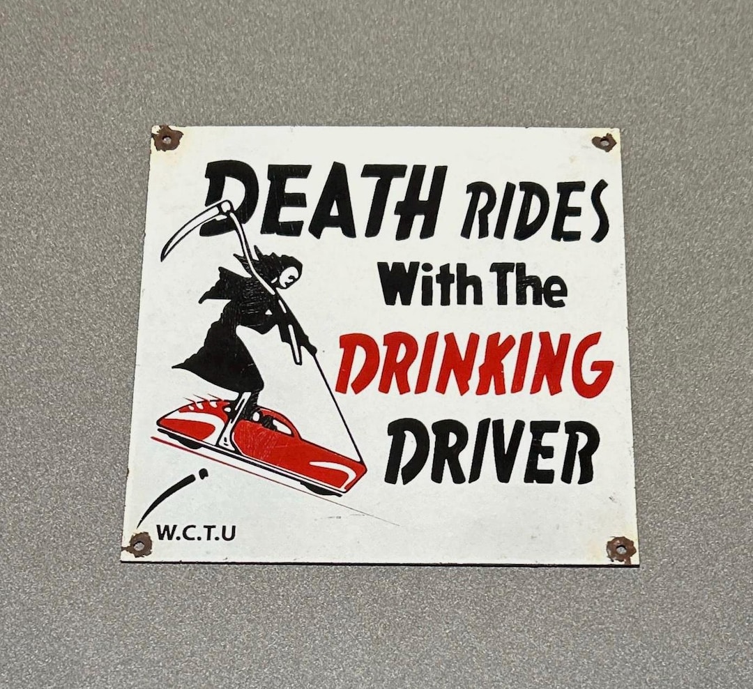 VINTAGE DEATH DRIVING Grim Reaper Alcohol Drunk Porcelain Sign Car Oil ...