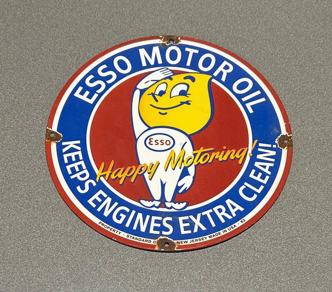 VINTAGE 12” 1962 ESSO BOY Porcelain Sign Car Oil Truck Gas Motorcycle ...
