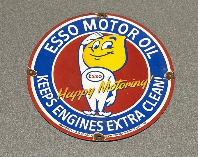 VINTAGE 12” 1962 ESSO BOY Porcelain Sign Car Oil Truck Gas Motorcycle ...