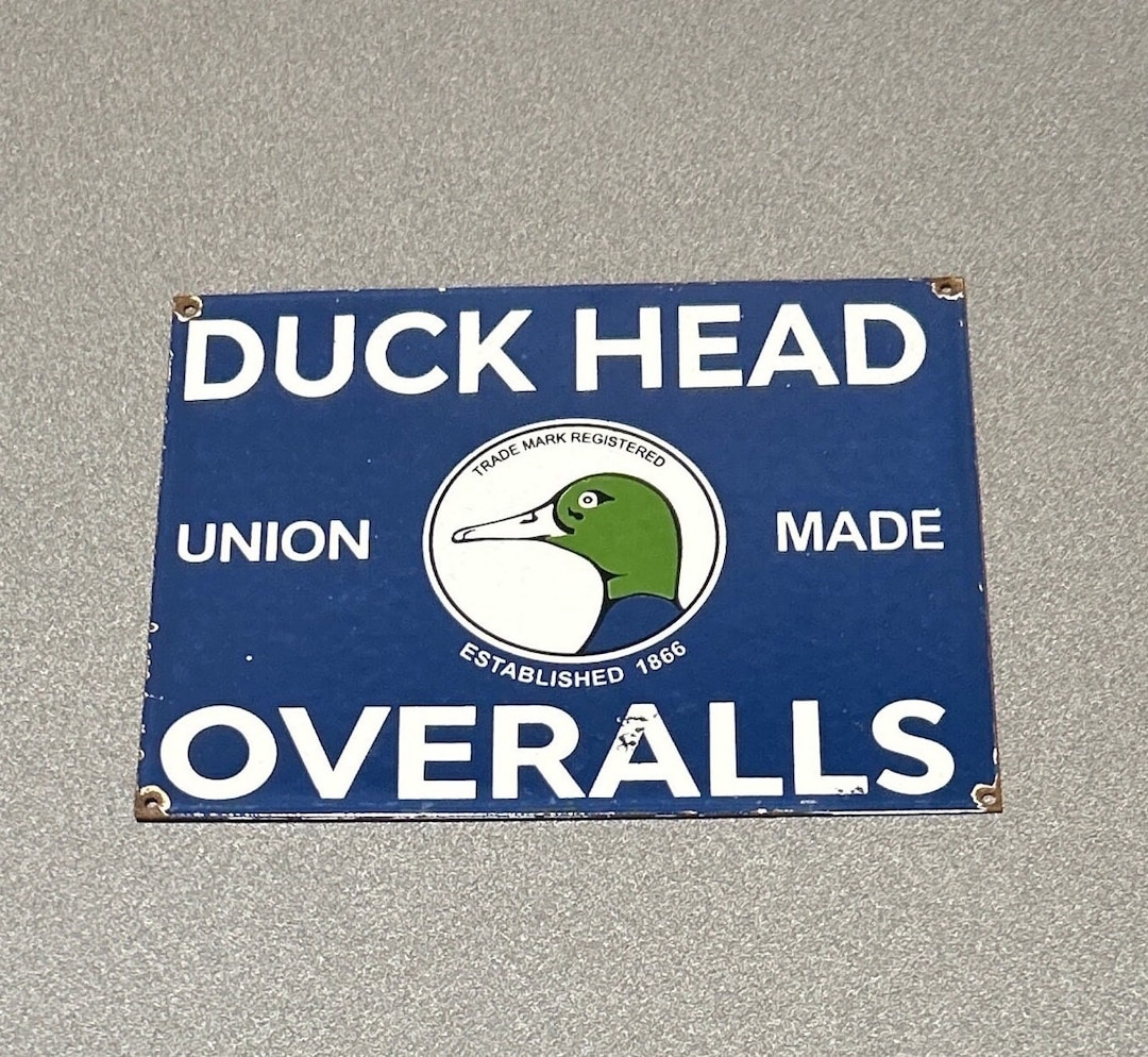VINTAGE DUCK HEAD Overalls Union Made Porcelain Sign Car Oil Gas Truck ...