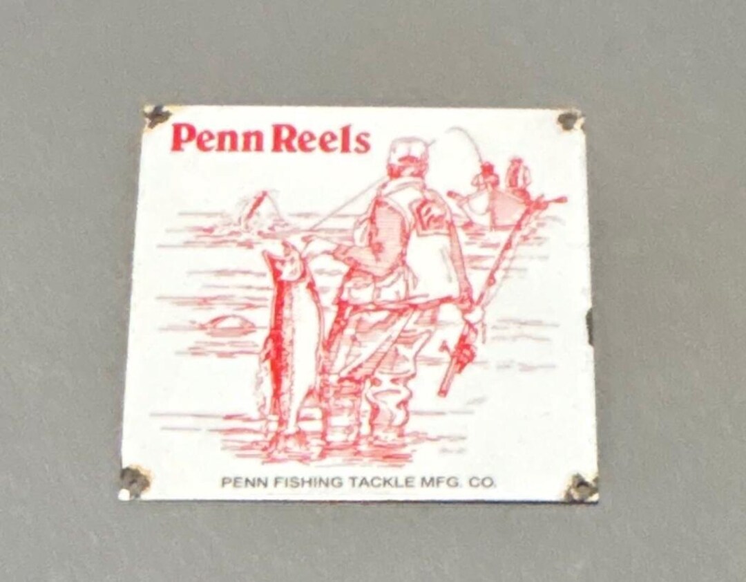 VINTAGE PENN REELS Fishing Porcelain Sign Gas Oil Car Truck Motorcycle ...
