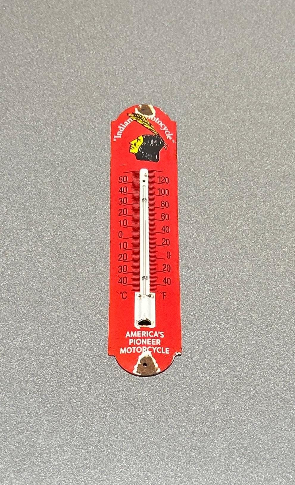 VINTAGE 12” INDIAN MOTORCYCLE Thermometer Porcelain Sign Car Oil Gas ...