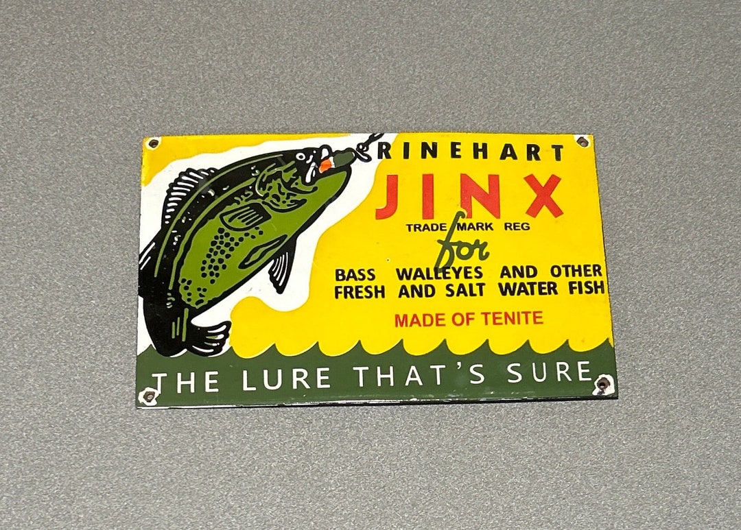 VINTAGE Vrare 12 JINX RINEHART Fishing Lure Porcelain Sign Car Oil Gas ...