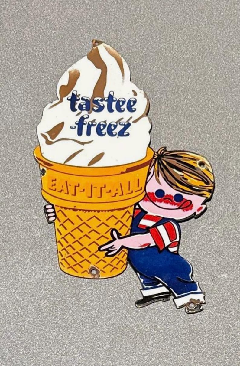 VINTAGE 12” TASTEE FREEZ Ice Cream Cone Porcelain Sign Car Truck ...