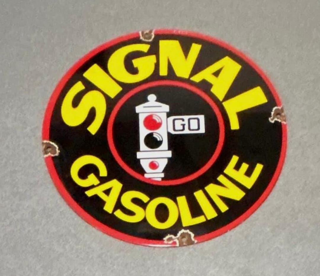 VINTAGE 12” SIGNAL GASOLINE Porcelain Sign Car Oil Gas Truck Motorcycle ...