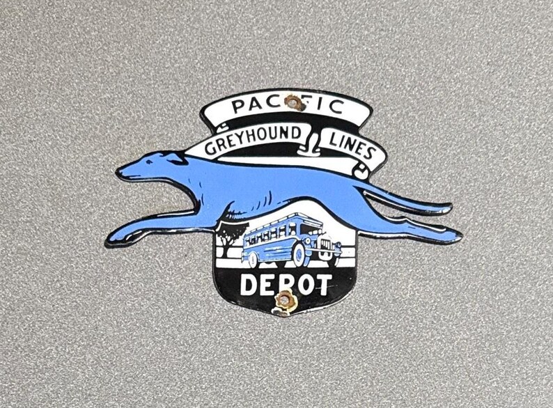 VINTAGE GREYHOUND DOG Bus Pacific Depot Porcelain Sign Car Oil Gas ...