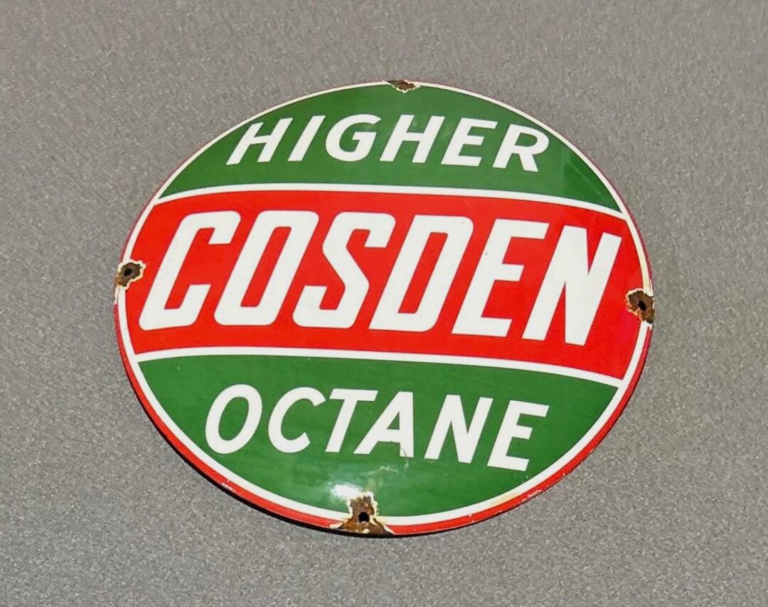 VINTAGE DOMED COSDEN Gasoline Porcelain Sign Gas Oil Motorcycle Truck ...