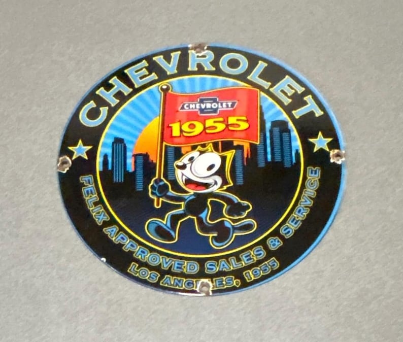 VINTAGE 1955 12” FELIX CHEVROLET Chevy Porcelain Sign Car Oil Gas Truck ...