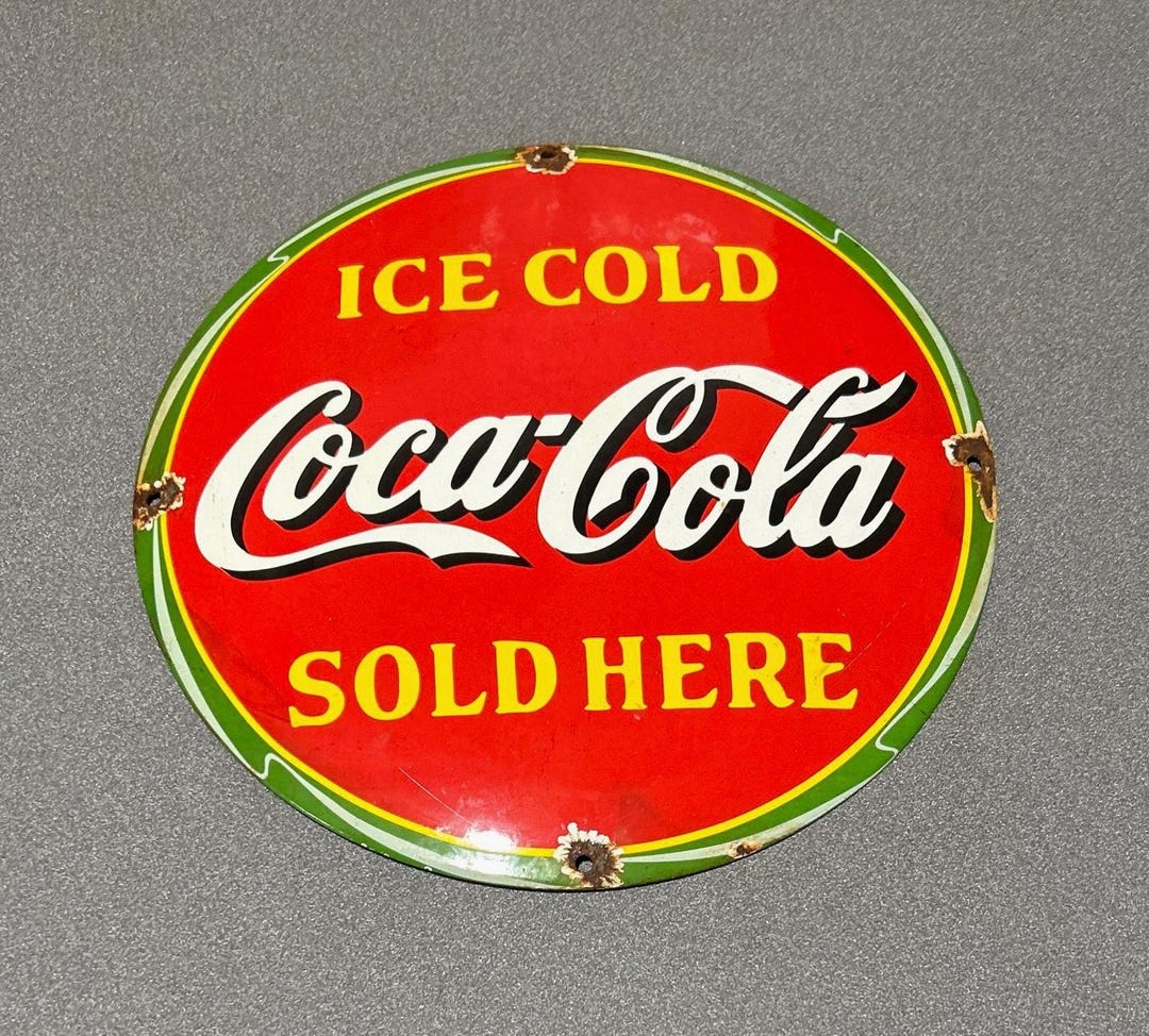 VINTAGE 12” Domed COKE COLA Soda Pop Porcelain Sign Oil Car Truck Gas ...
