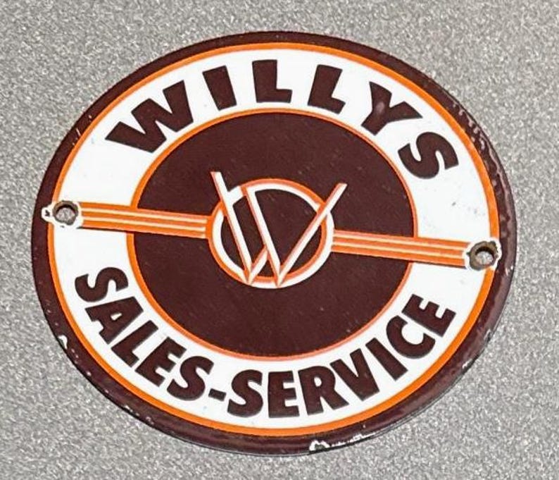 VINTAGE WILLYS OVERLAND Jeep Sales Service Porcelain Sign Gas Oil Car ...