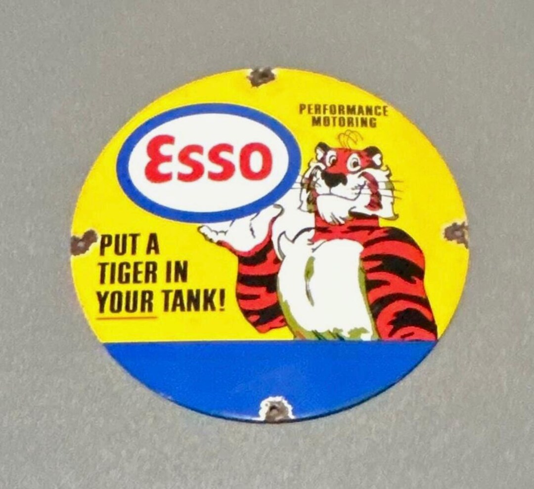 VINTAGE 12” ESSO TIGER Cat Porcelain Sign Car Oil Gas Truck Motorcycle ...