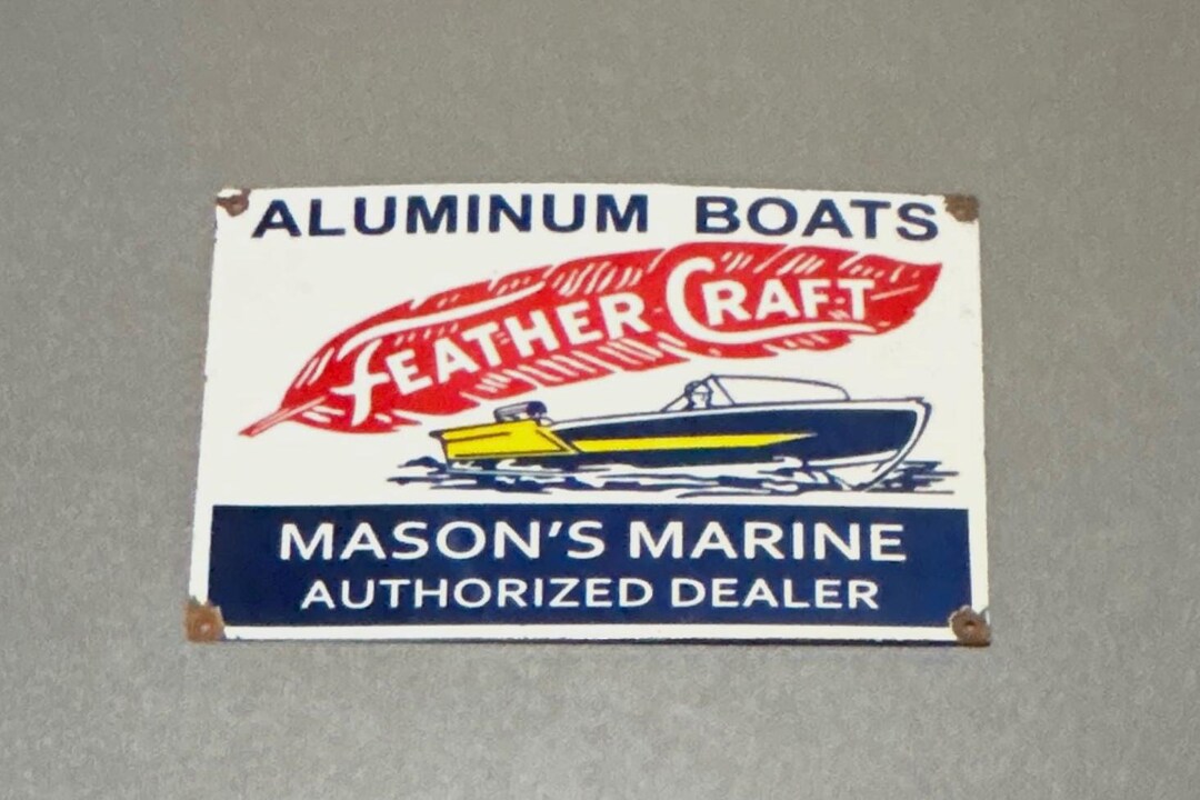 VINTAGE 12” FEATHER CRAFT Boat Fish Hunt Porcelain Sign Car Oil Gas ...