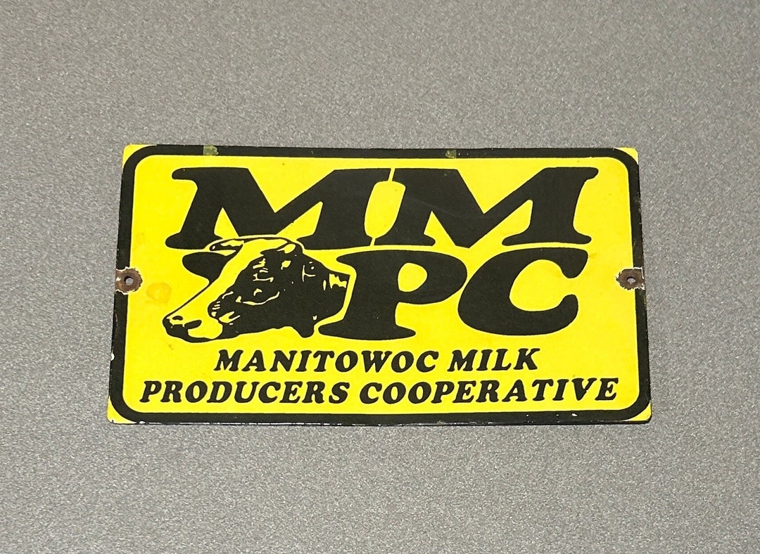 VINTAGE 12” MMPC MANITOWOC Milk Cow Dairy Farm Porcelain Sign Car Oil ...