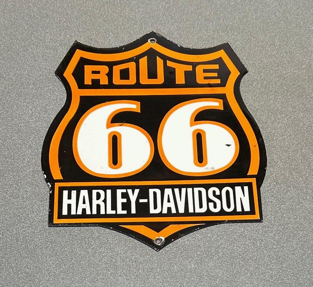 VINTAGE 12” HARLEY DAVIDSON Route 66 Porcelain Sign Car Oil Gas Truck ...