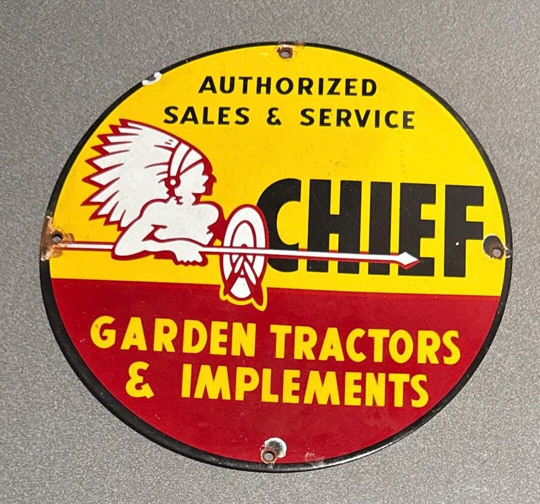 VINTAGE 12” CHIEF TRACTORS Equipment Porcelain Sign Gas Oil Car Truck ...