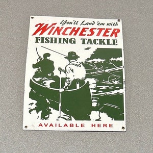 VINTAGE 14” Rare WINCHESTER FISHING Tackle Porcelain Sign Gas Oil Car ...