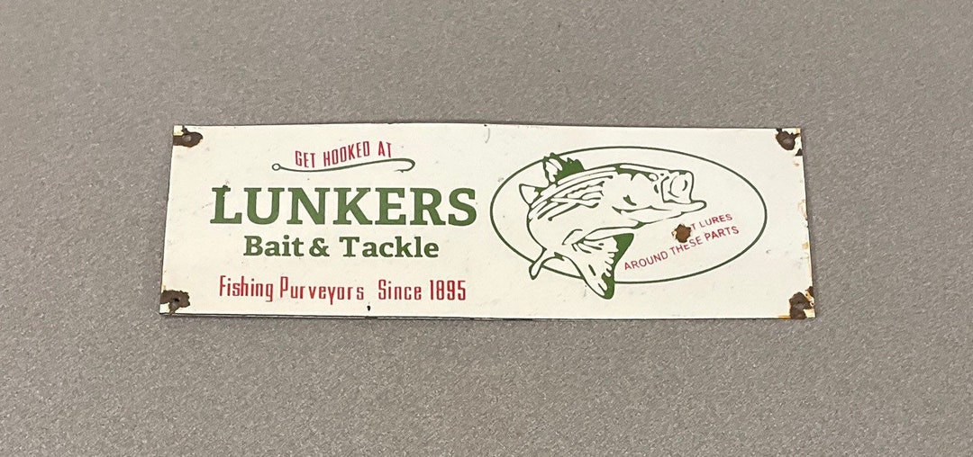 VINTAGE LUNKERS FISH Tackle Hunt 15” Porcelain Sign Car Oil Gas Truck ...