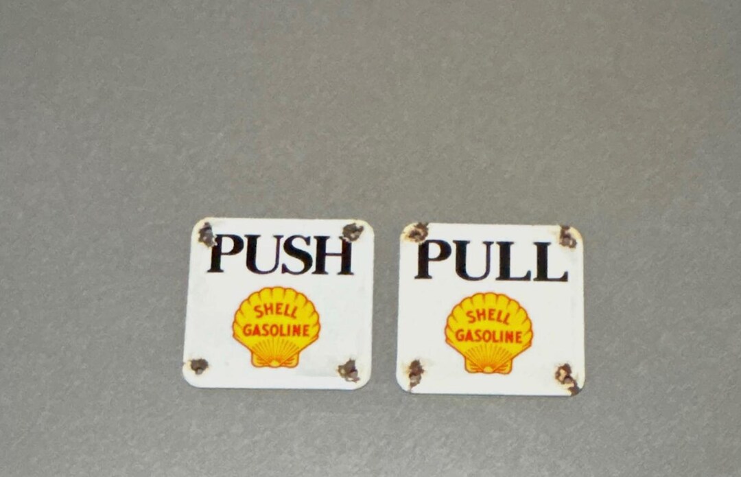VINTAGE SHELL Set of Domed SODA Door Palm Push Porcelain Sign Car Oil ...