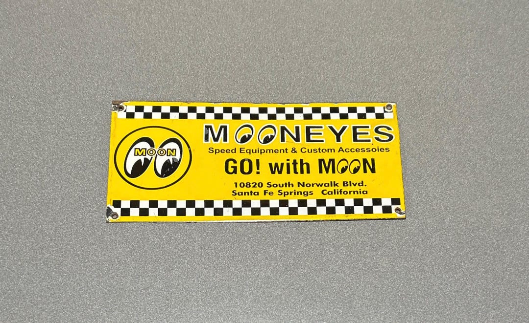VINTAGE 12” MOON SPEED Equipment Shop Porcelain Sign Oil Gas Truck ...