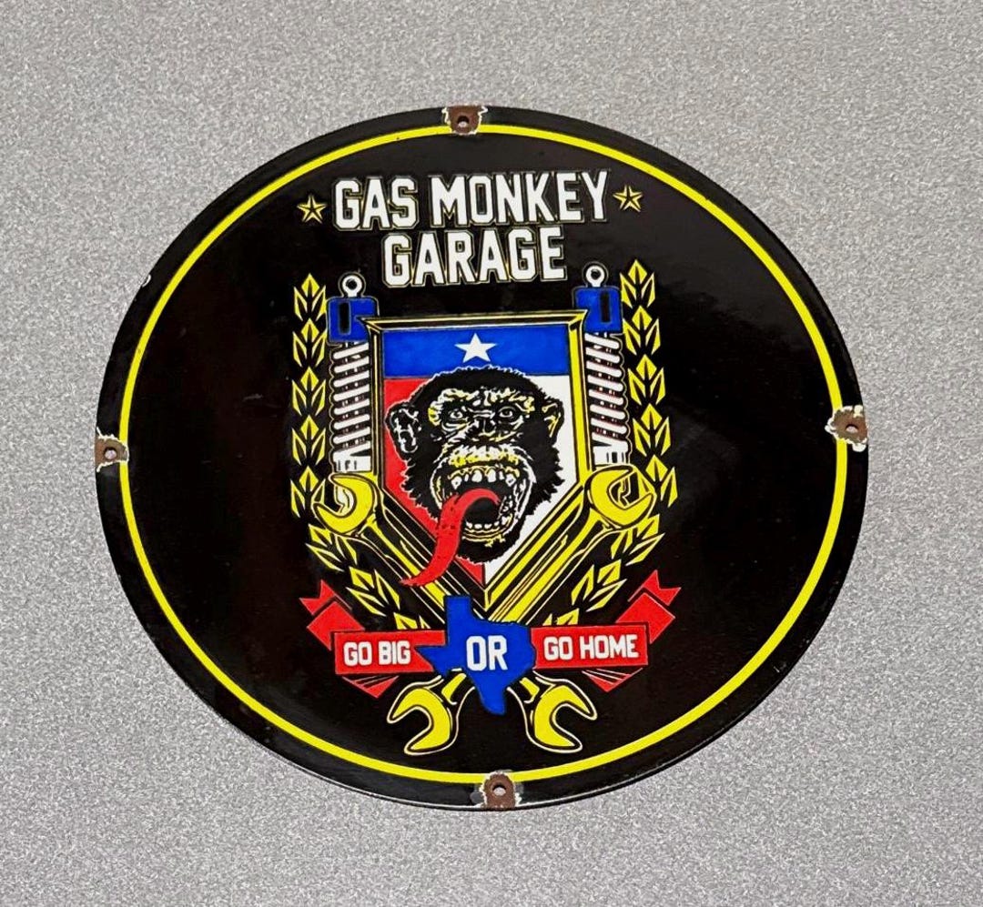 VINTAGE 12” GAS MONKEY Garage Porcelain Sign Gas Oil Car Motorcycle ...