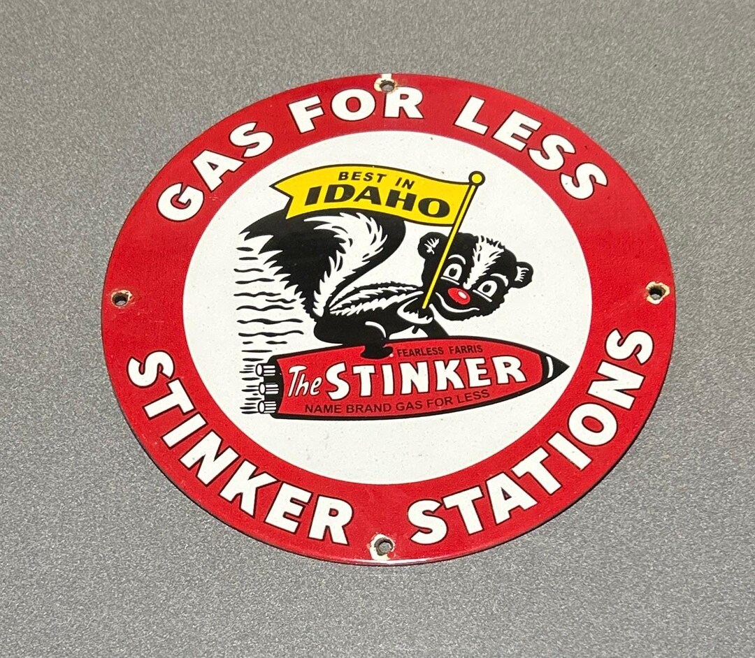 VINTAGE 12” STINKER SKUNK Porcelain Sign Gas Oil Car Motorcycle Truck ...