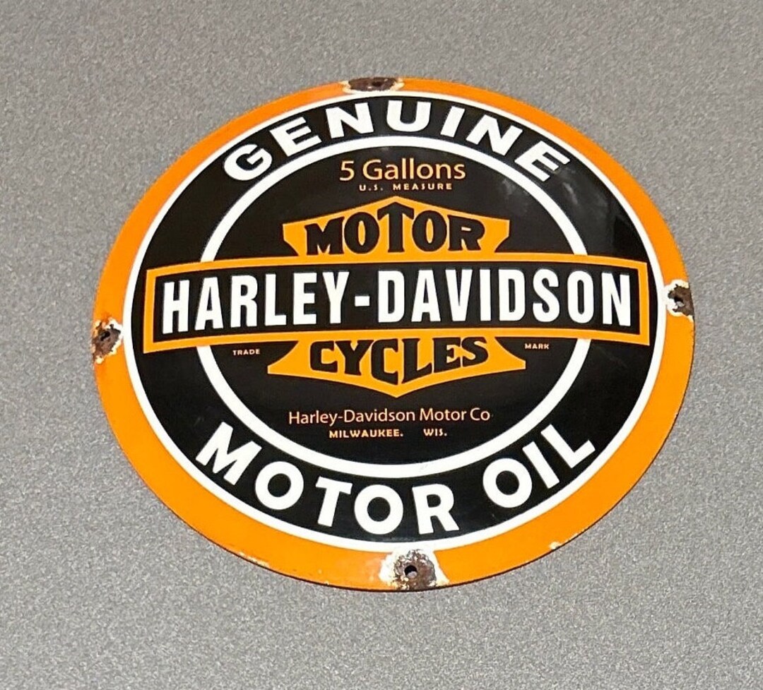 VINTAGE 12” Domed HARLEY DAVIDSON Motorcycle Sign Vintage Porcelain Gas ...