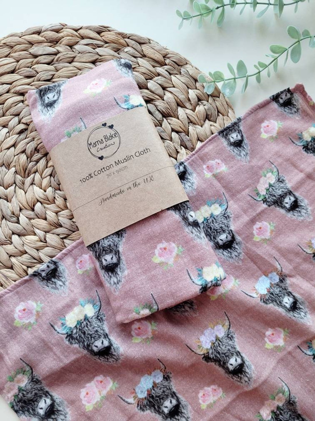 Floral Highland Cow Pink Muslin, Pretty New Baby Gift, 100% Cotton ...