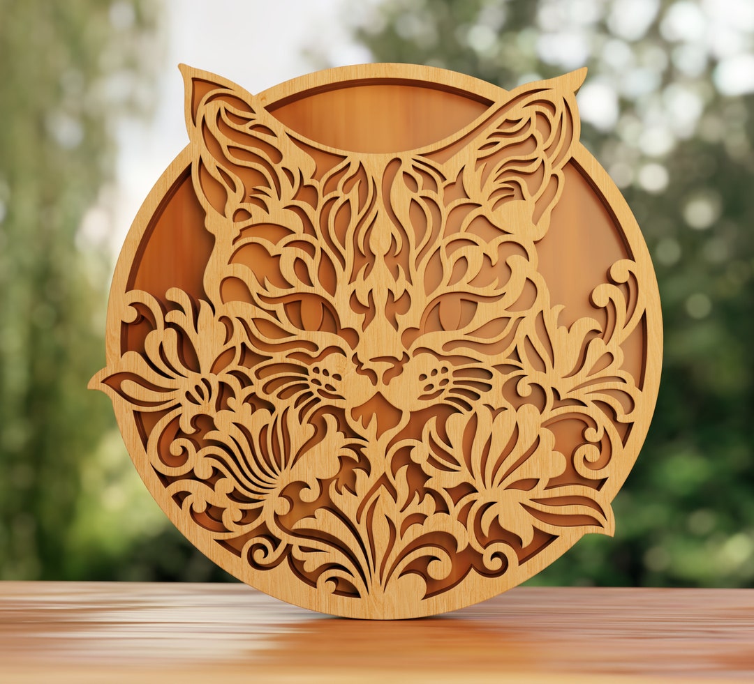Layered Cat Portrait Svg Laser Cut Template Glowforge Wooden Ornaments Vector Files For Dxf Ai