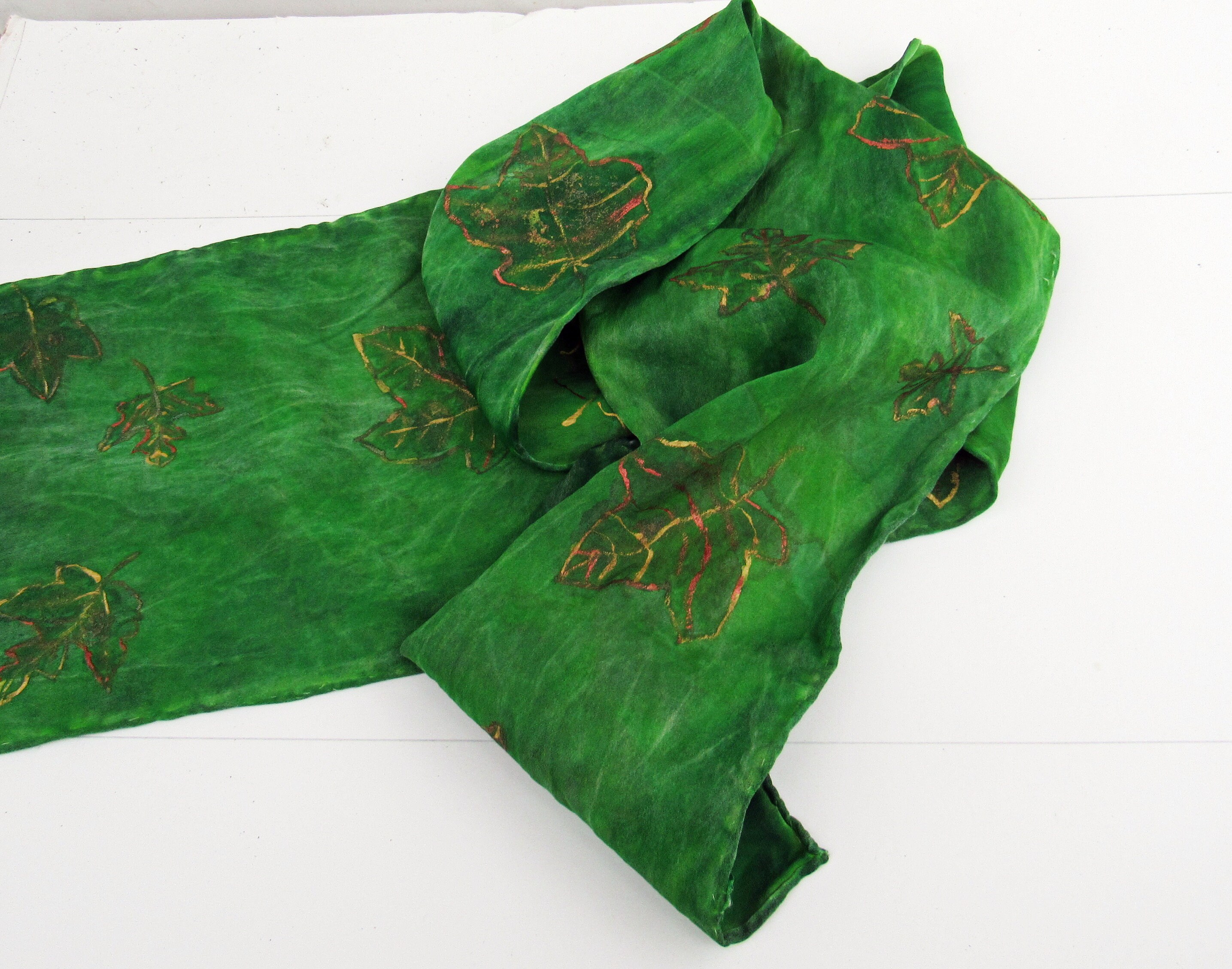Green Scarf With Metallic Cooper, and Gold Leaves With Matching Clip - Etsy