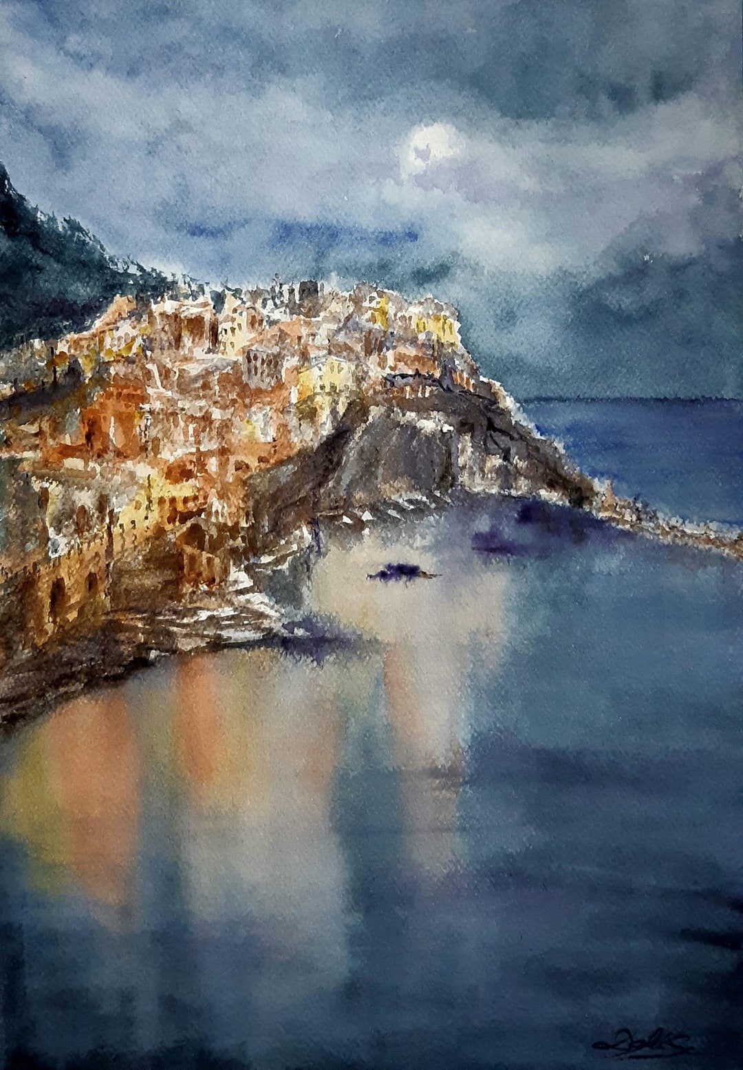 Island Port City Night Lights Original One of a Kind Painting - Etsy