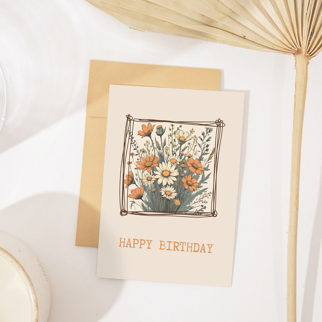 Spring Birthday Card, Spring Flower Card, Retro Floral Birthday Card ...