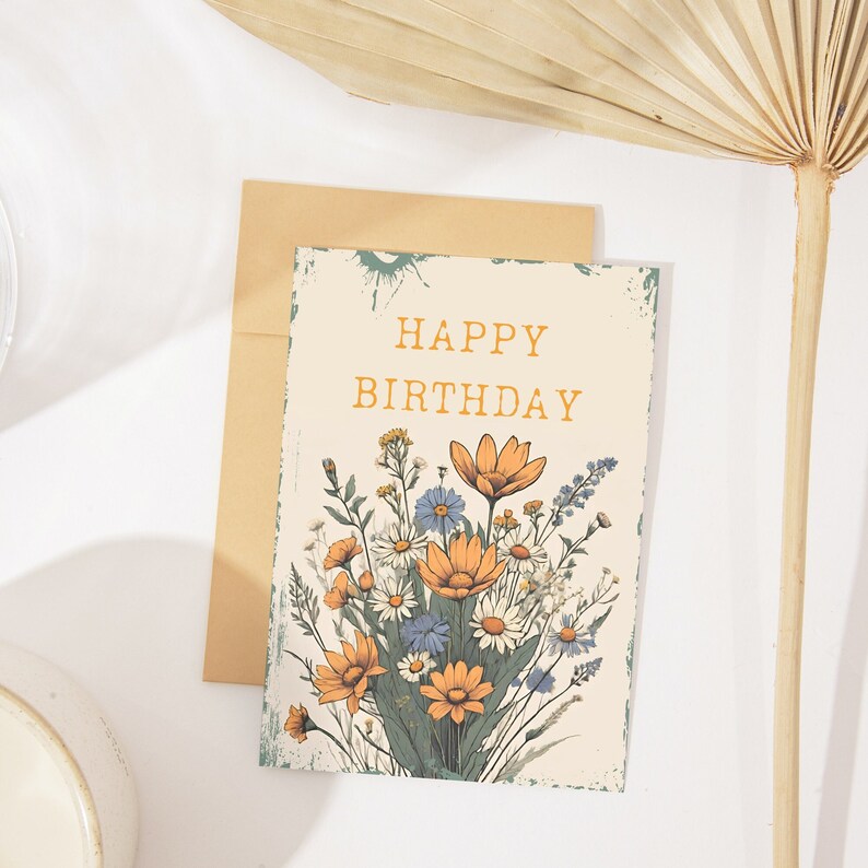 Spring Birthday Card, Spring Flower Card, Retro Floral Birthday Card ...