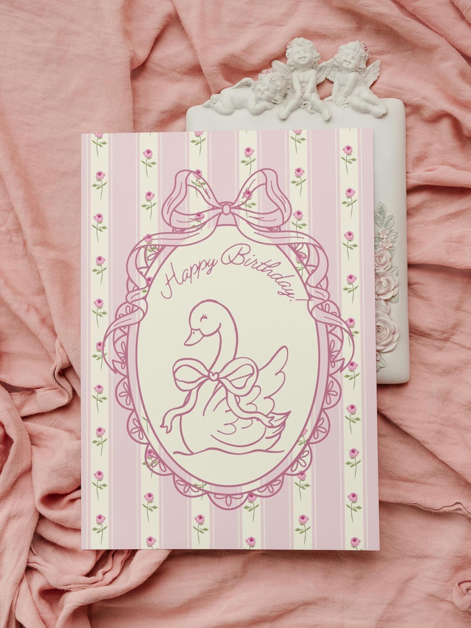 Swan Birthday Card: Pink Floral Vintage Style (digital Download) - Etsy