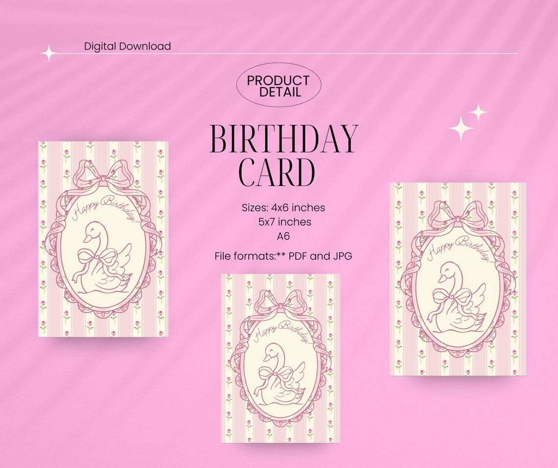 Swan Birthday Card: Pink Floral Vintage Style (digital Download) - Etsy