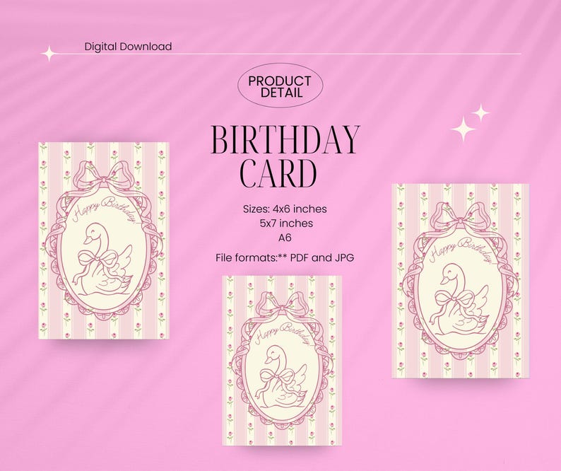 Swan Birthday Card: Pink Floral Vintage Style (digital Download) - Etsy