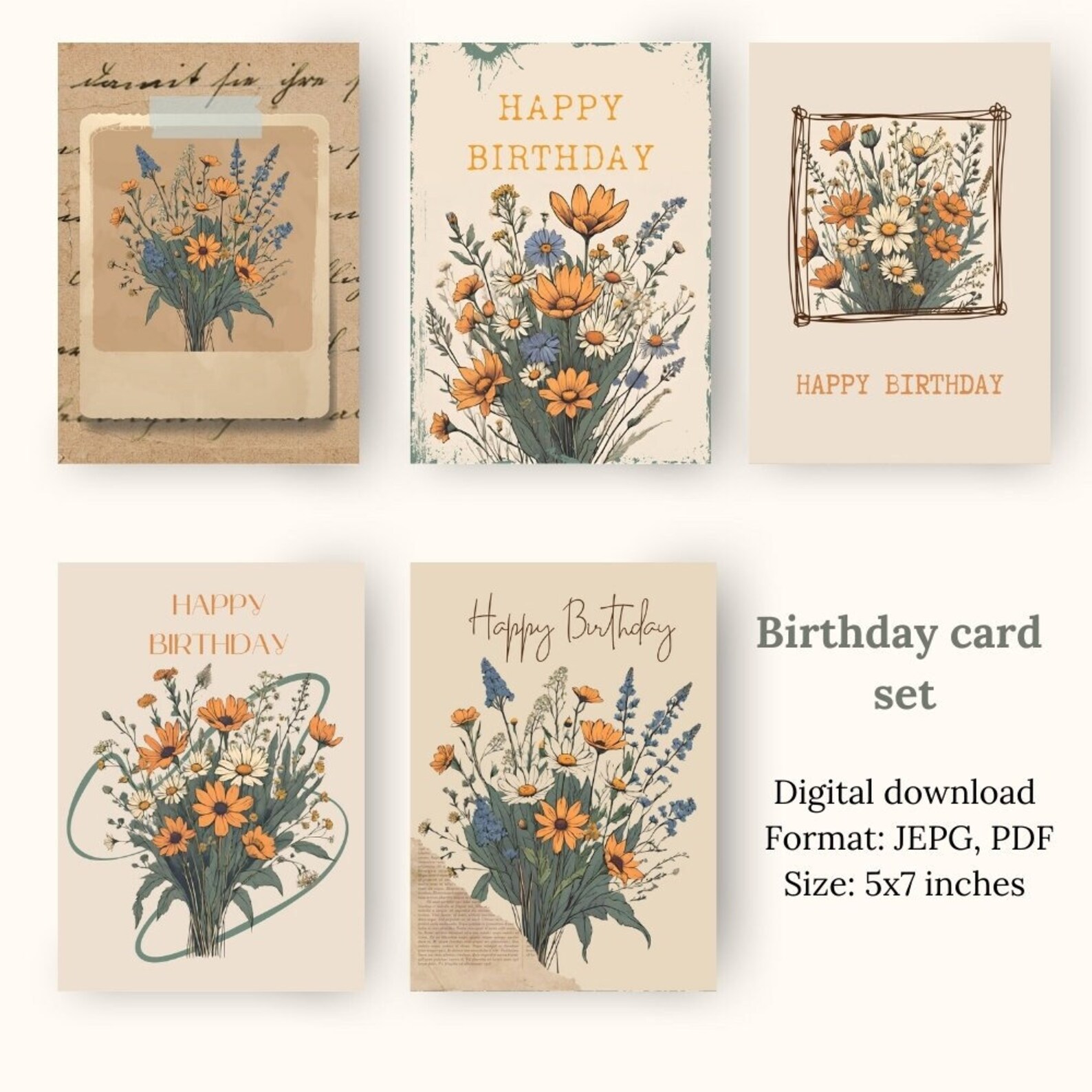 Spring Birthday Card, Spring Flower Card, Retro Floral Birthday Card ...
