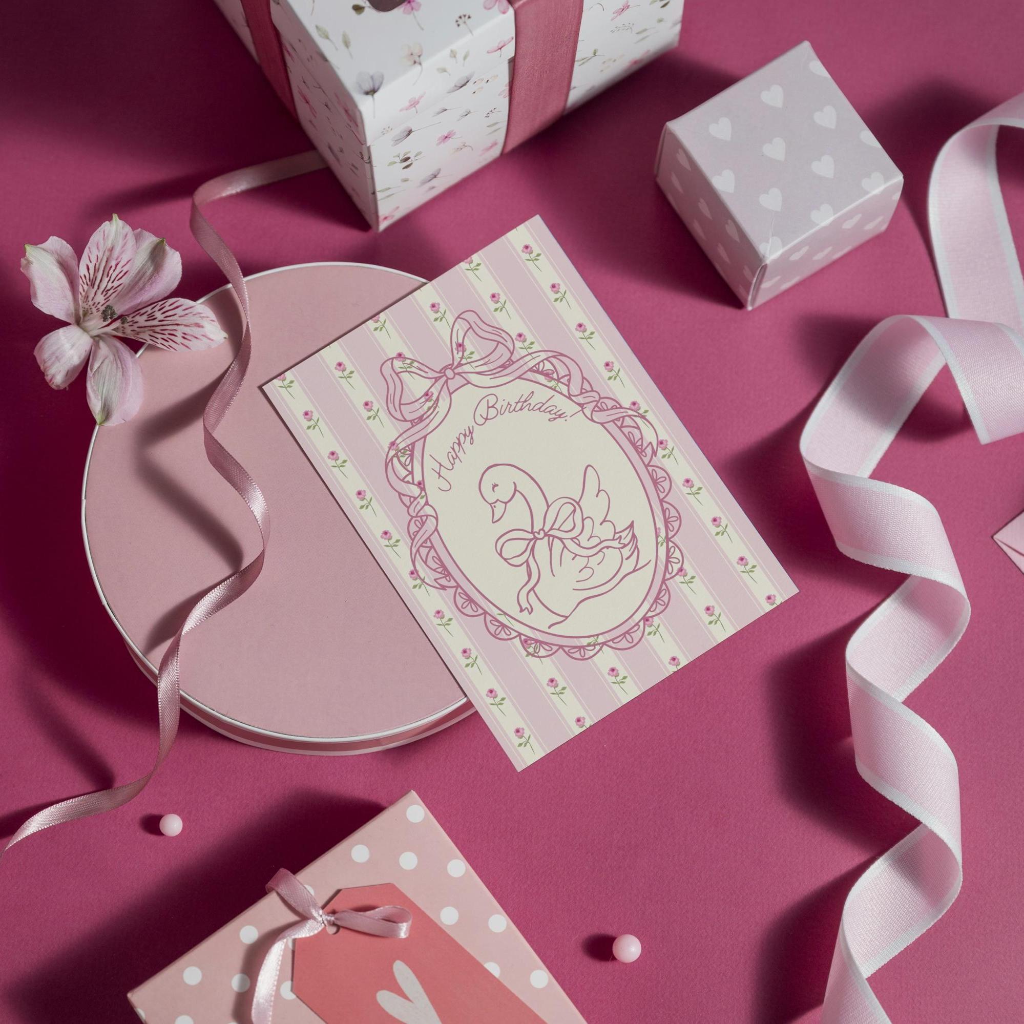 Swan Birthday Card: Pink Floral Vintage Style (digital Download) - Etsy