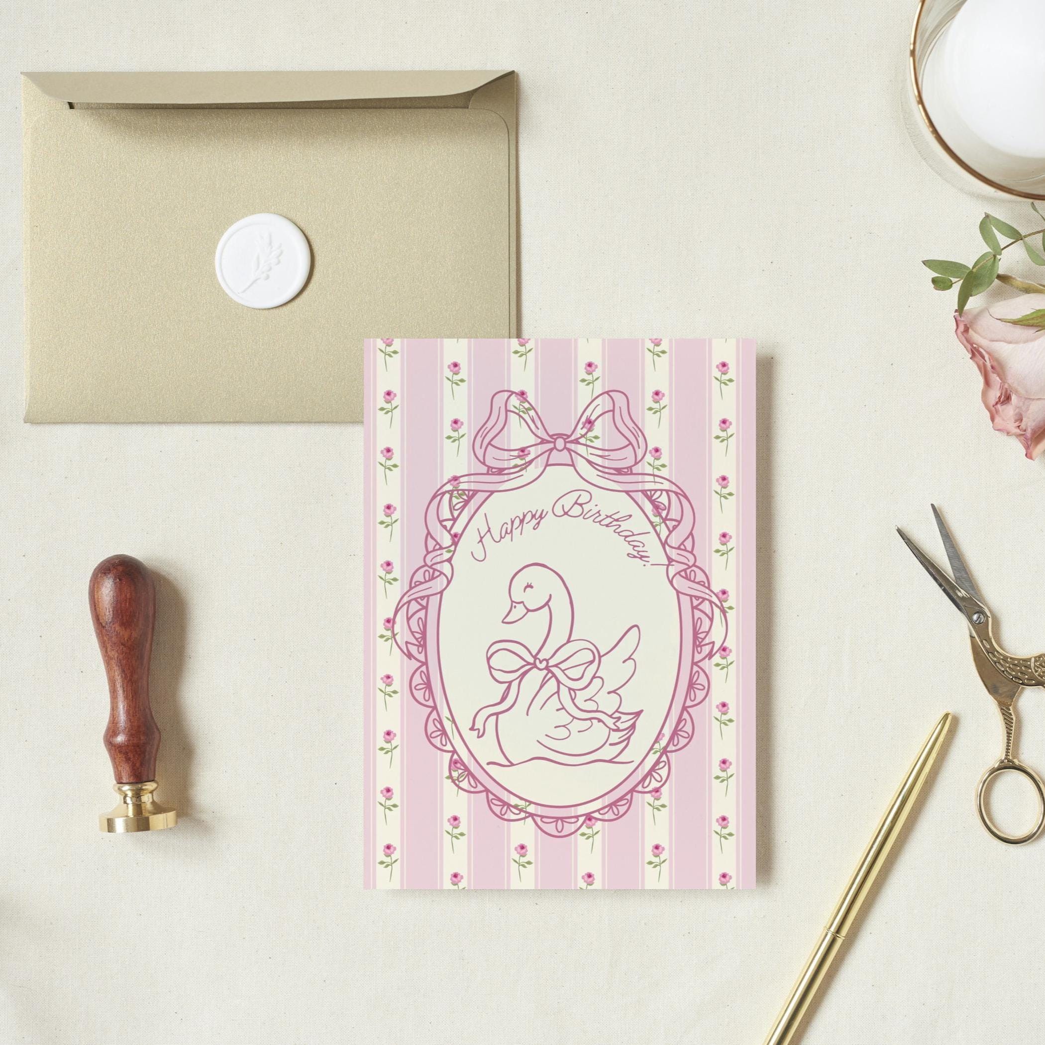 Swan Birthday Card: Pink Floral Vintage Style (digital Download) - Etsy